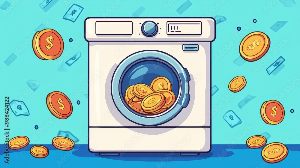 Cartoon representation of money laundering as washing machine with ...