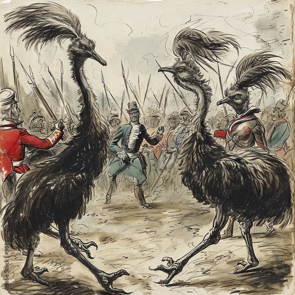 A satirical political cartoon-style image featuring emus armed with ...