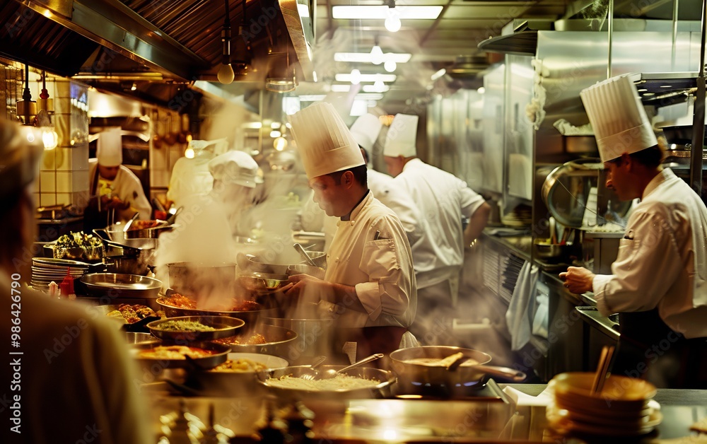 bustling kitchen where a chef is performing the Heimlich maneuver on a ...