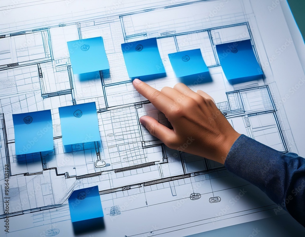 A hand points to a blueprint with blue sticky notes highlighting key ...