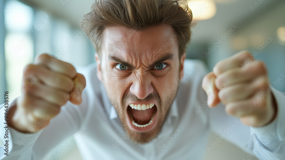 Man angrily screaming with clenched fists, his intense expression ...