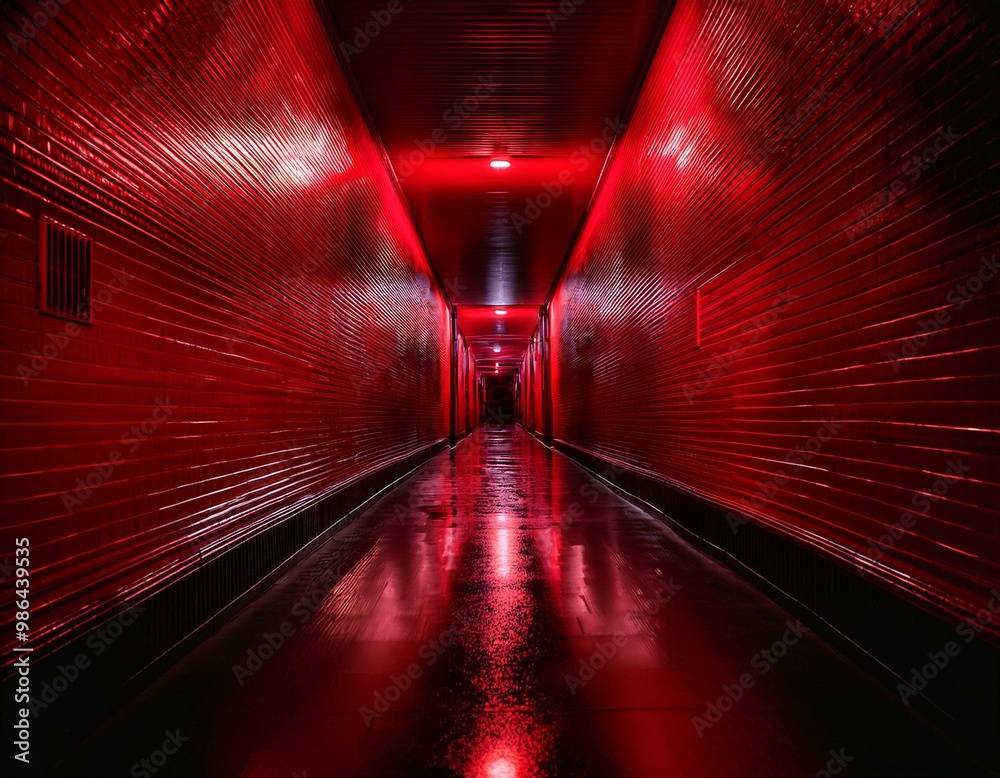 A long, dark, and red-lit hallway with an eerie atmosphere. The red ...