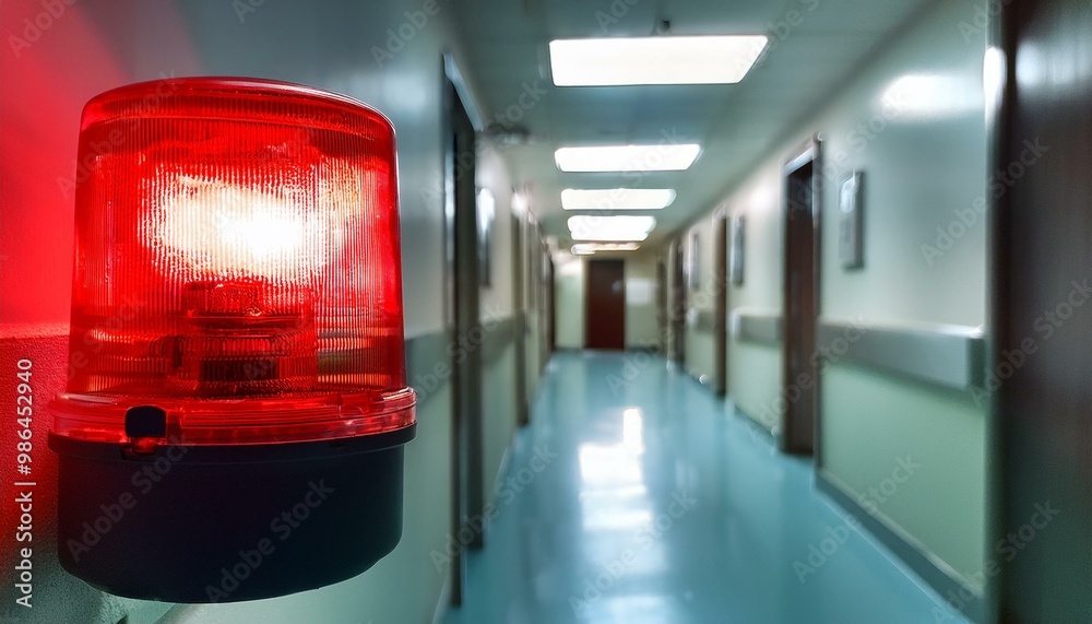A red flashing alarm light in a hospital corridor. The light is a ...