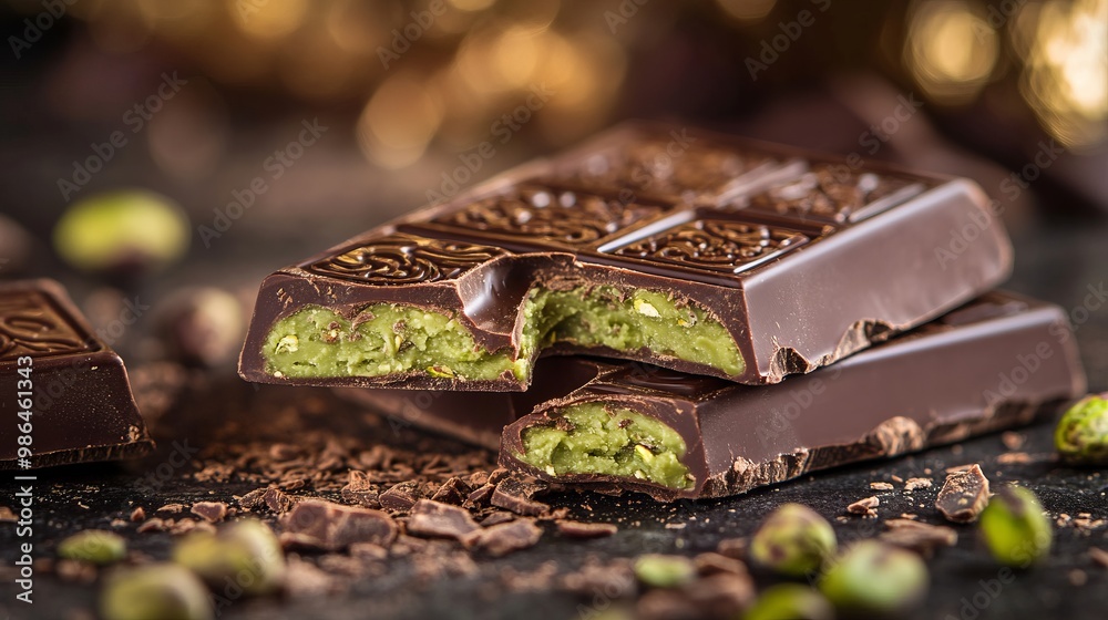 Poster Affiche Trending Dubai Chocolate Bar with Kataifi and Pistachio Paste Filling Gourmet D 40x22.2 cm
