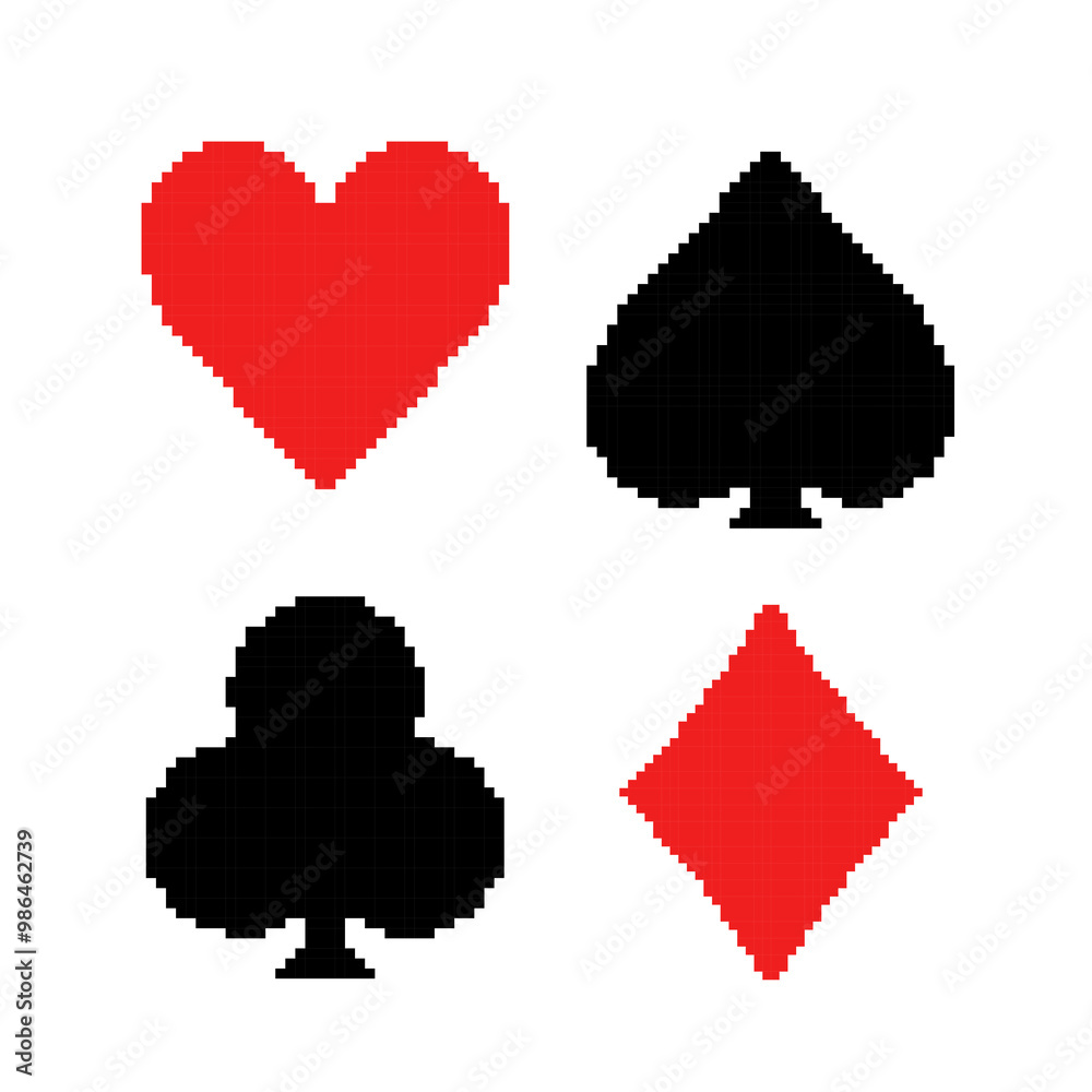 Vetor de Pixelated playing card suits illustration. Simple pixel art of ...