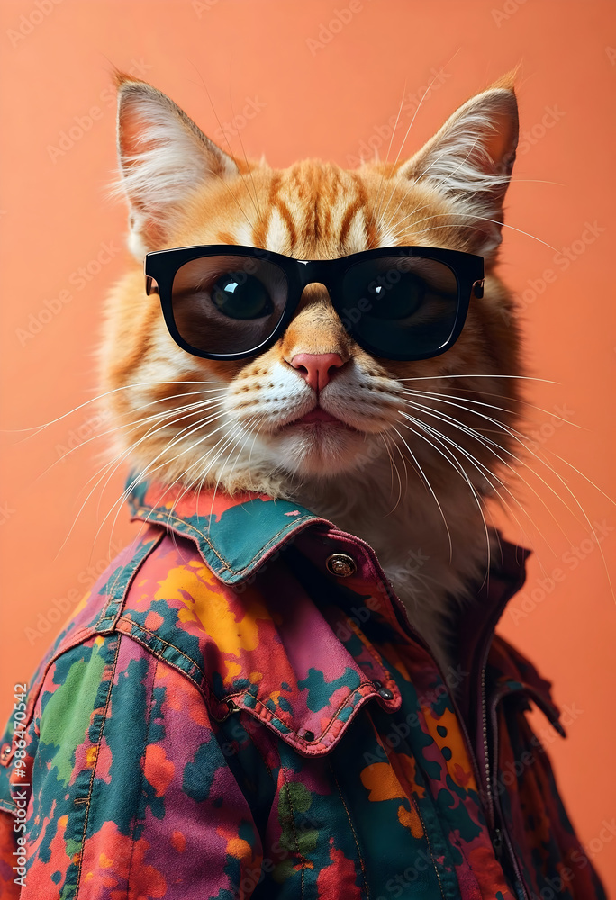 realistic orange stray cat character studio shot portrait, wearing ...