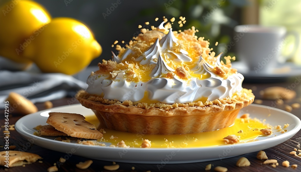 Deconstructed lemon meringue pie featuring lemon curd spheres, meringue ...
