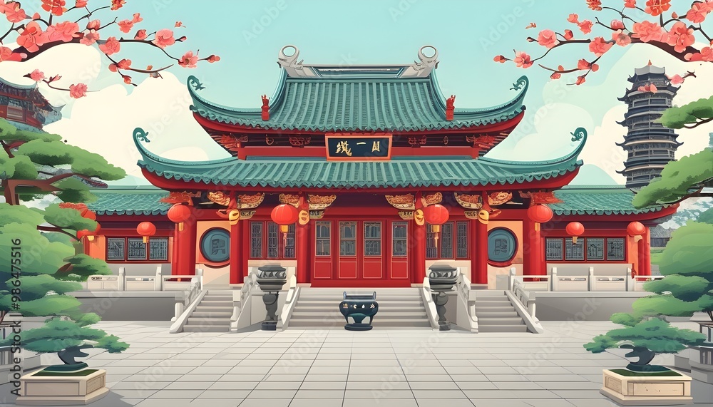 Intricate Cartoon Vector of a Chinese Temple Highlighting Traditional ...