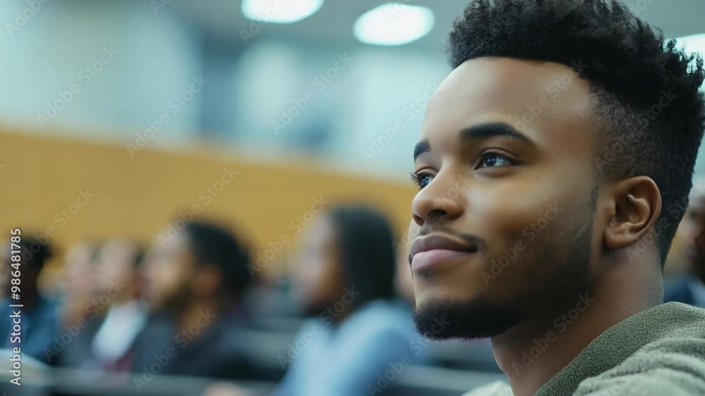 A focused young black man attending a lecture in a bustling university ...