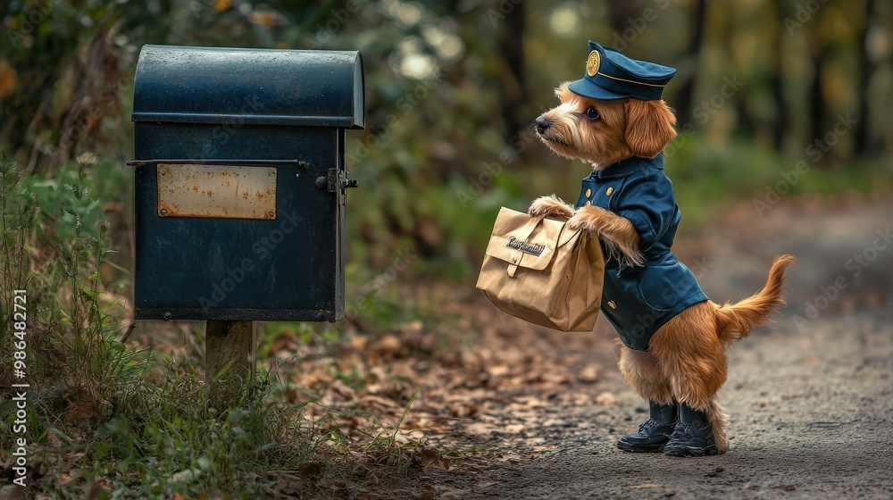 A playful dog wearing a mail carrier uniform approaches a mailbox in ...