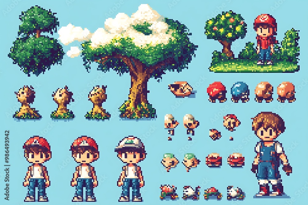 Pixel Art Sprites Set, Boy, Trees, and Creatures for Game Development ...