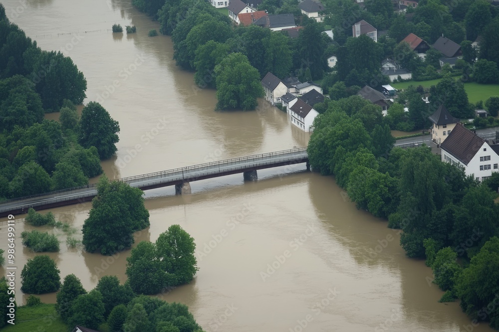 Severe flooding in a rural area with homes submerged and a bridge ...