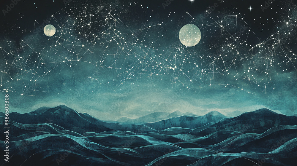 Night Sky with Two Full Moons and Constellation Over Mountains and ...