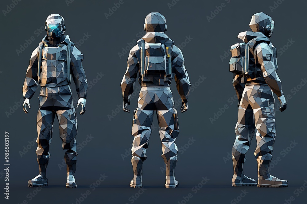 Low Poly 3D Model of a Futuristic Soldier in Combat Gear, Front, Back ...