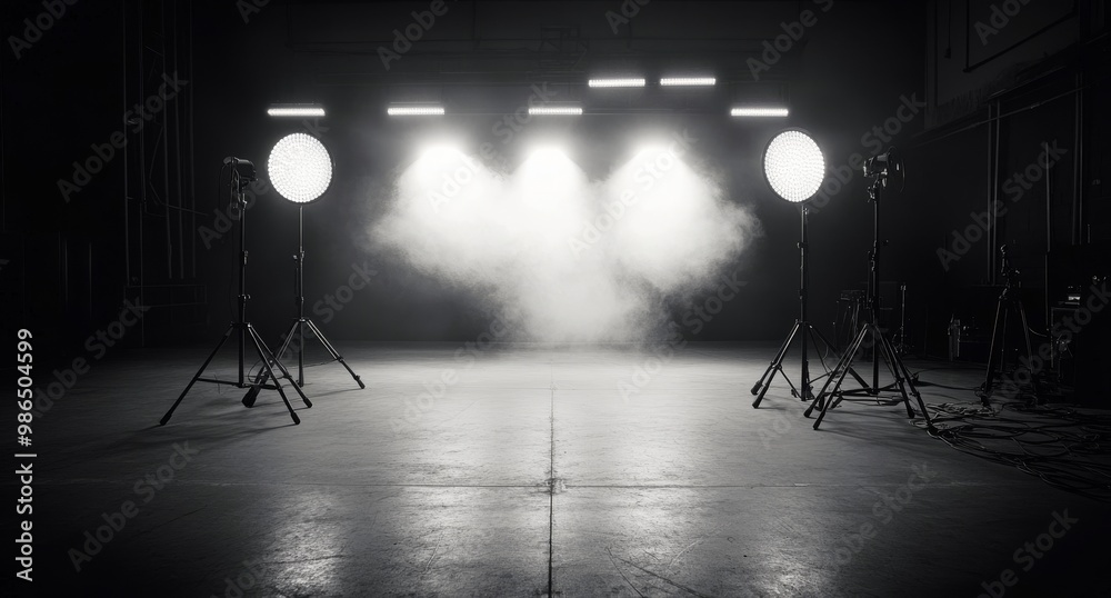 Lighting setup in a dark studio with smoke effects creating dramatic ...