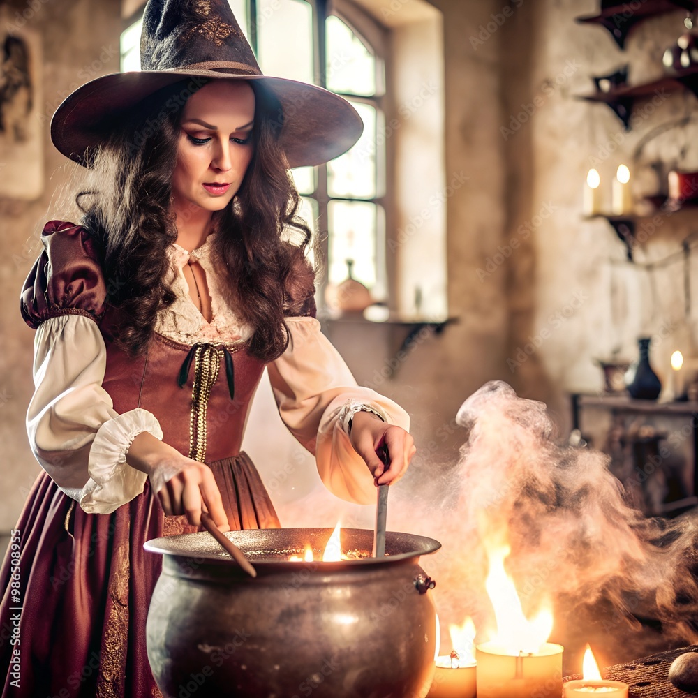 A beautiful young witch in a hat and an ancient dress is conjuring in ...