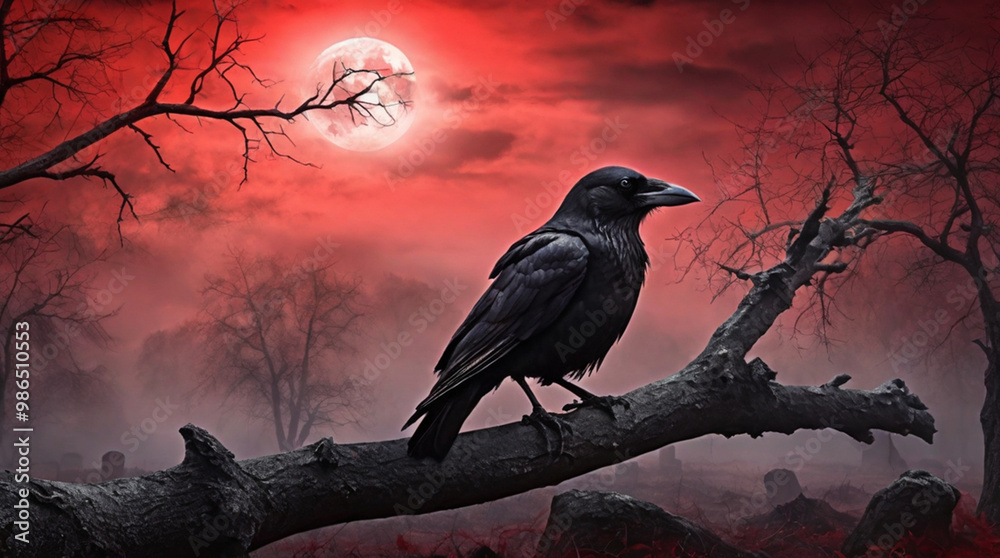 Crow sitting on the tree branch in the foggy spooky evening with full ...