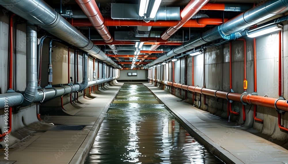 Desolate underground corridor featuring drainage systems, metal ...