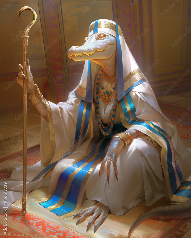 Sobek, the ancient Egyptian crocodile god seated in an ancient temple ...