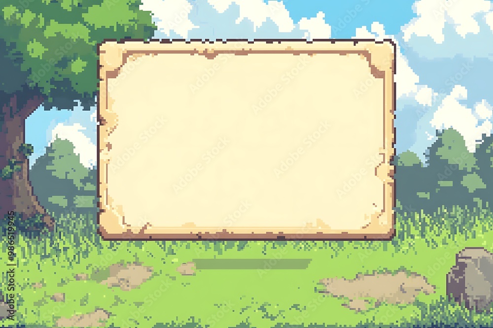 Pixel art blank signboard with nature background for game ui and design ...