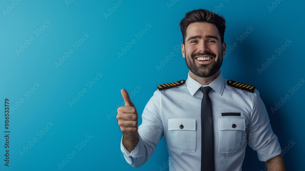 An airline pilot in uniform, smiling broadly while giving a thumbs up ...