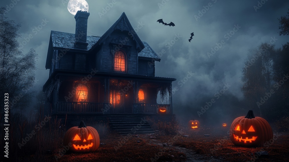 halloween night background with scary house and pumpkins, halloween ...