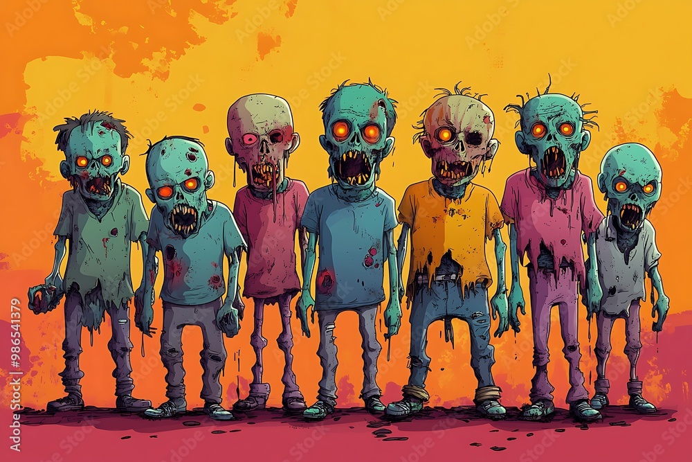 Cartoon zombie horde illustration, green and red zombies standing ...