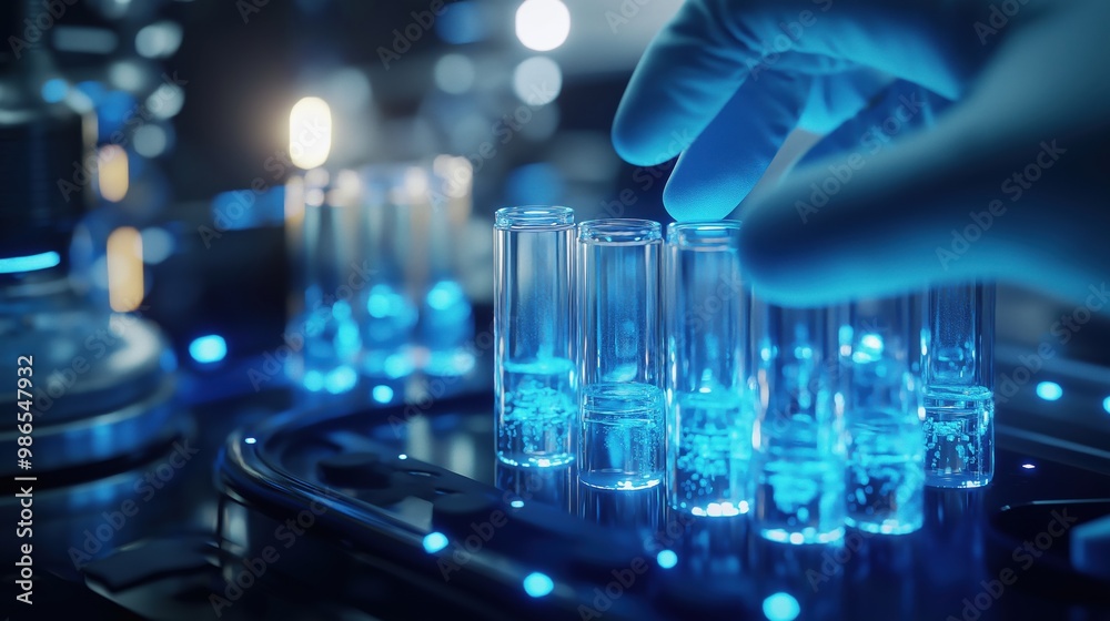 A gloved hand handles vials under sterile conditions in a high-tech ...