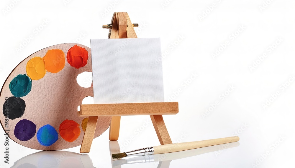 Small fake toy model of an artist paint setup with oil color paints ...