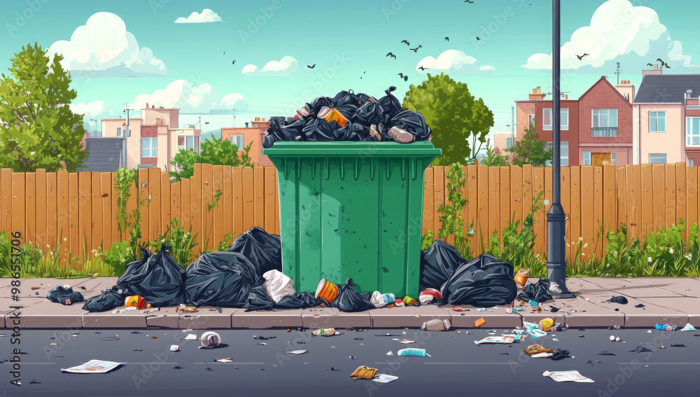 Full garbage bin and black plastic trash bags around. Overflowing ...