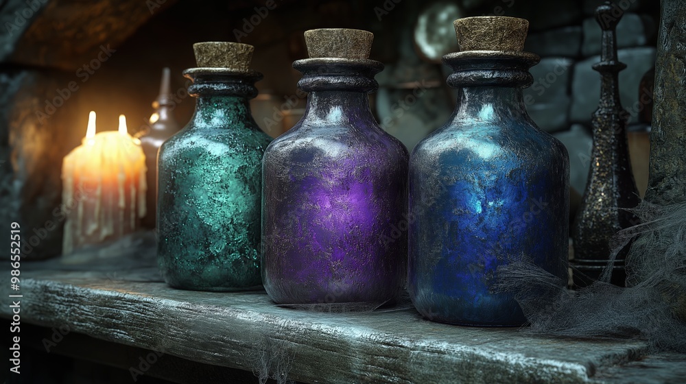 Three old potion bottles in rustic setting with candlelight, vintage ...