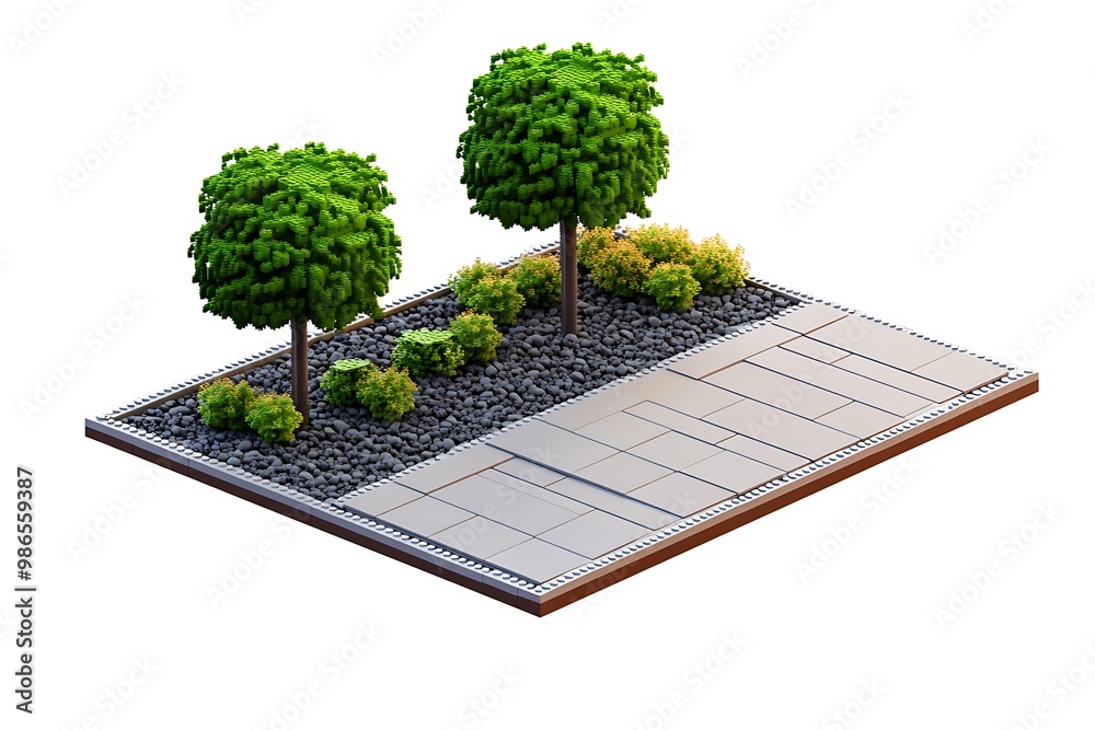 Isometric 3D rendering of a sidewalk with trees and bushes. Ideal for ...