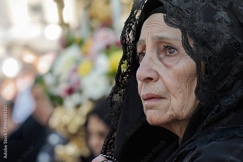 Elderly Spanish woman dressed in black mourning attire during a solemn ...