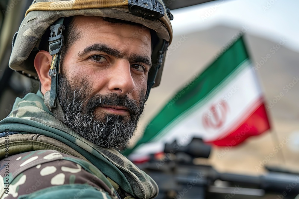 Man in modern military helmet poses confidently inside a vehicle with ...