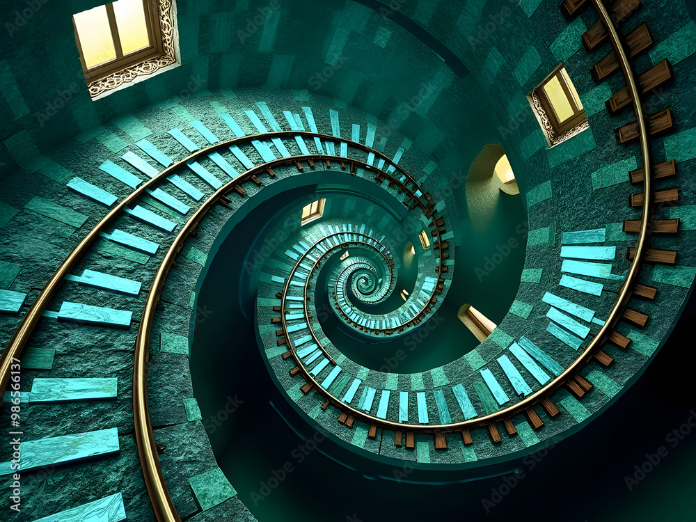 Spiral staircase with turquoise steps and ornate windows creates a ...