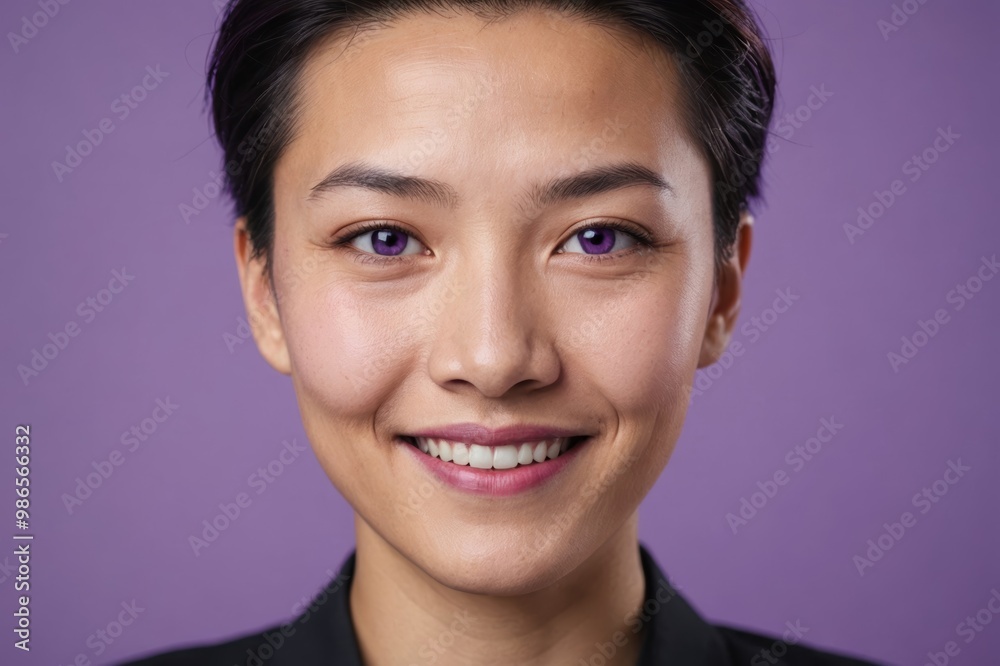 Full framed very close face portrait of a smiling 40s chinese non ...