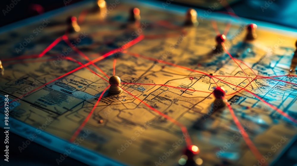 Close up shot of investigation board. Detective board with map of crime ...