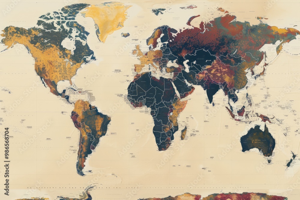 A vintage-style world map showcasing different regions with unique ...