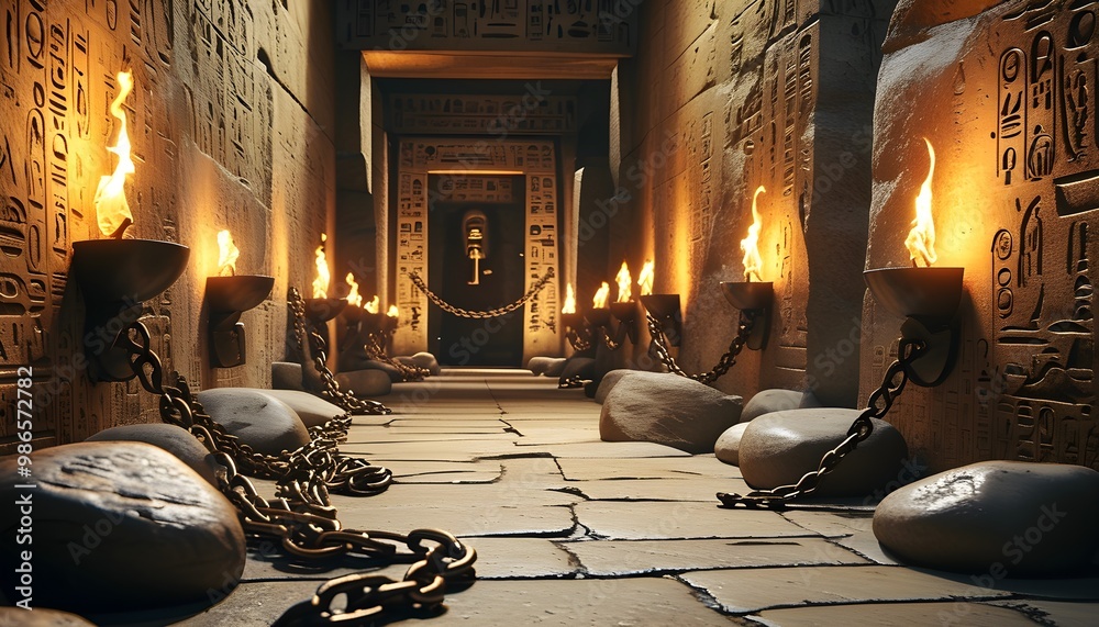 Ancient Egyptian stone corridor illuminated by torches with hieroglyph ...