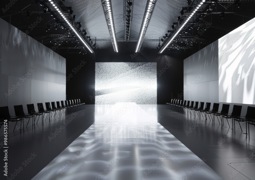 A minimalist fashion runway with a black and white color scheme, a ...