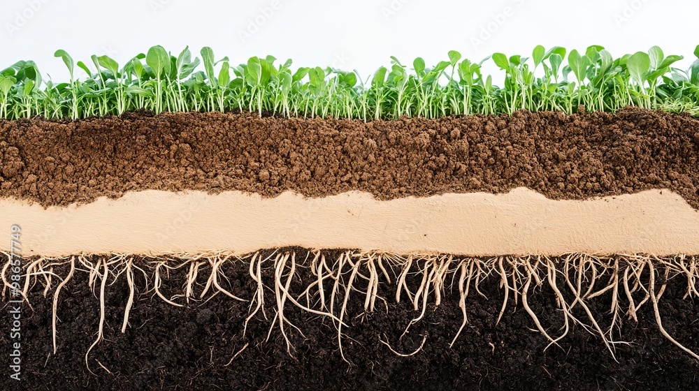 Cross-section of farmland showing different soil layers and crop roots ...