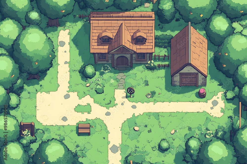 Top down pixel art village scene with houses and trees, perfect for ...