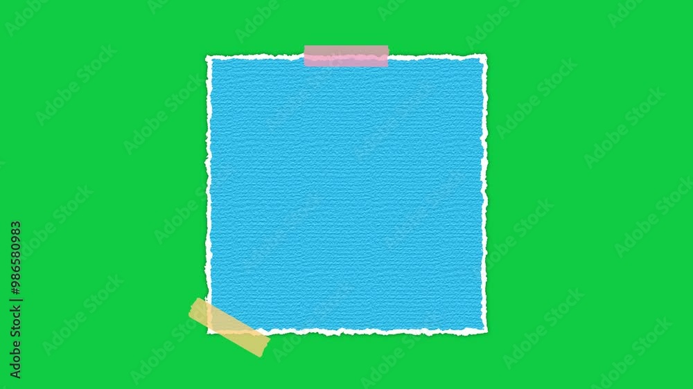 blue torn paper frame with sticky adhesive tape on green background ...
