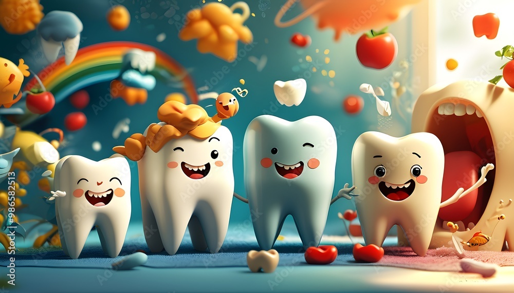 Colorful educational poster featuring cartoon teeth characters ...