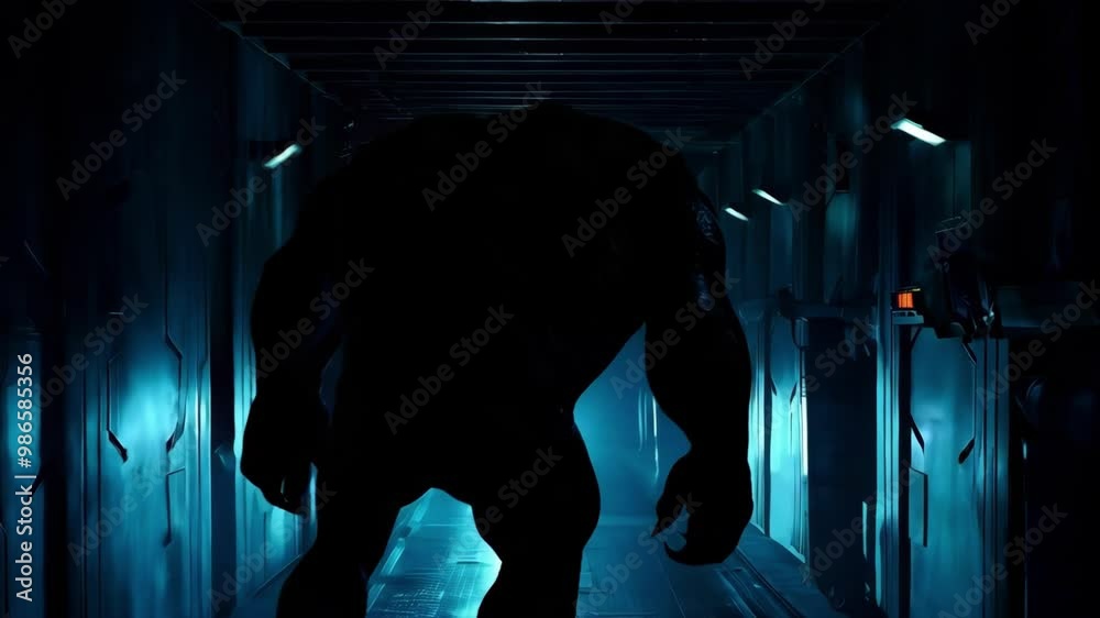 Menacing monster walks down dark hallway eerie blue lighting creating ...