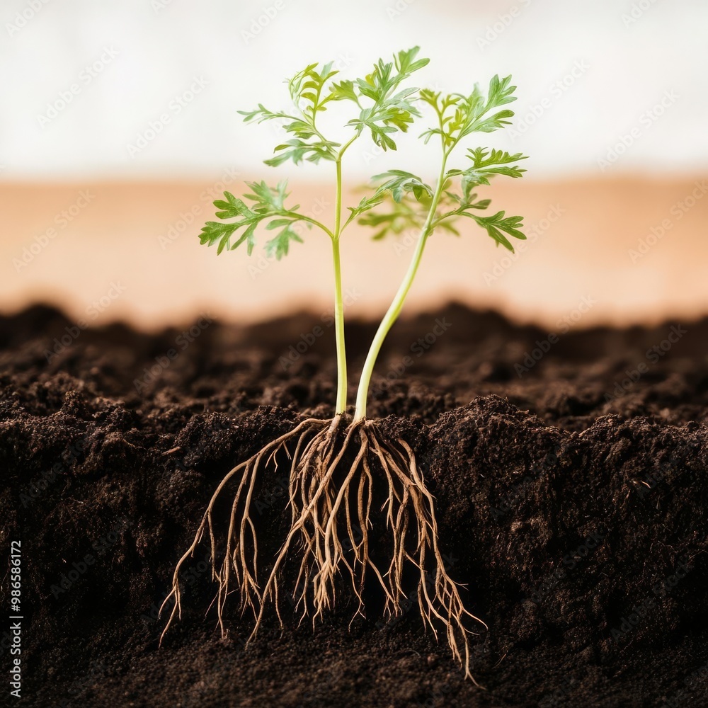 Roots of a plant penetrating deep into the soil, showcasing healthy ...
