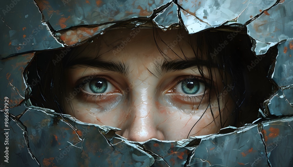 Haunting reflection of a womans eyes in a shattered mirror with dark ...