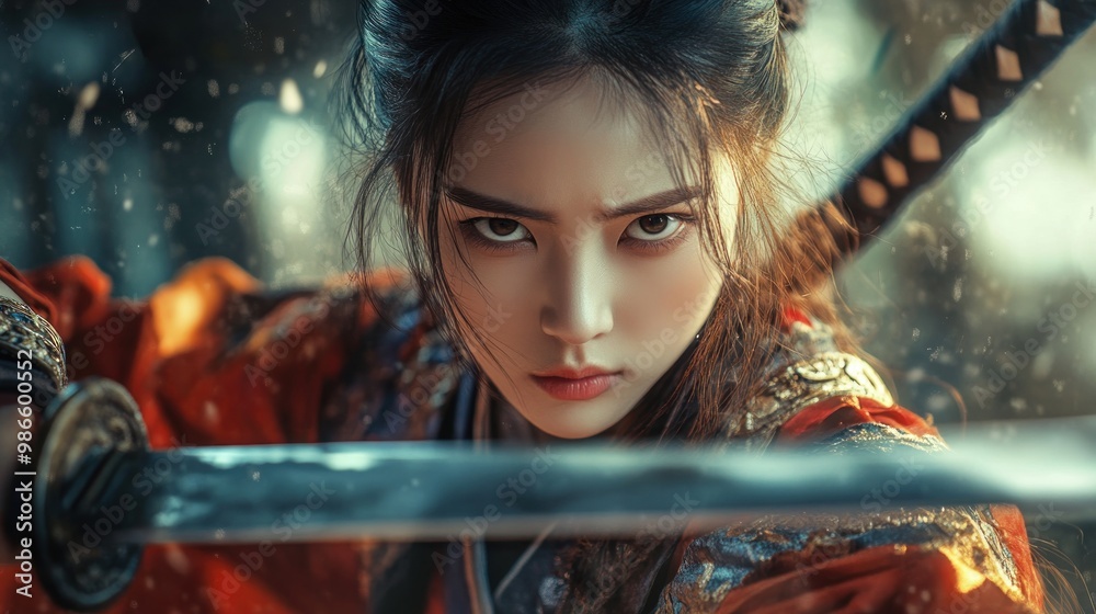 Action traditional asian ninja samurai woman with a face look seriously ...