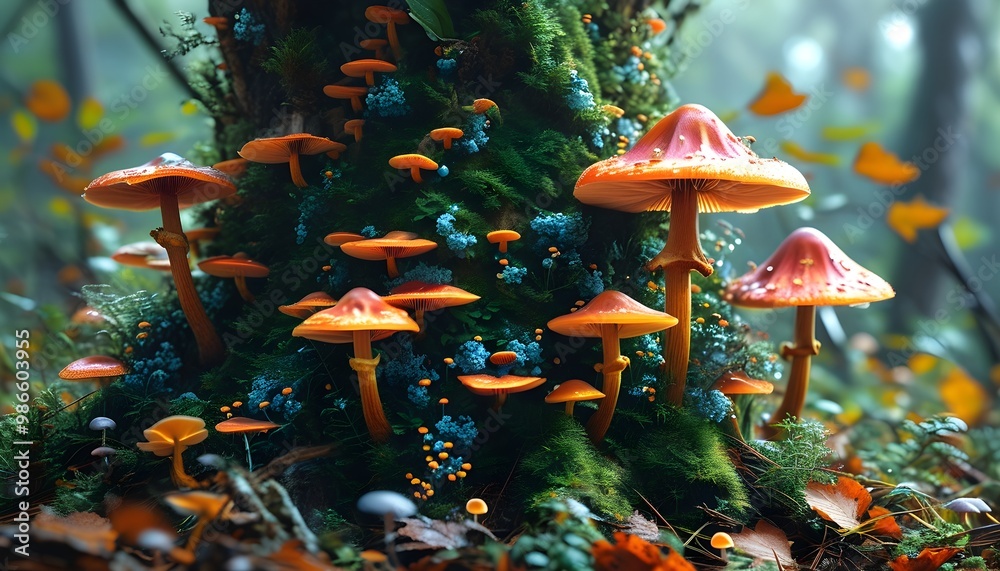 Psychedelic forest scene featuring vibrant mushrooms, plants, and nerve ...