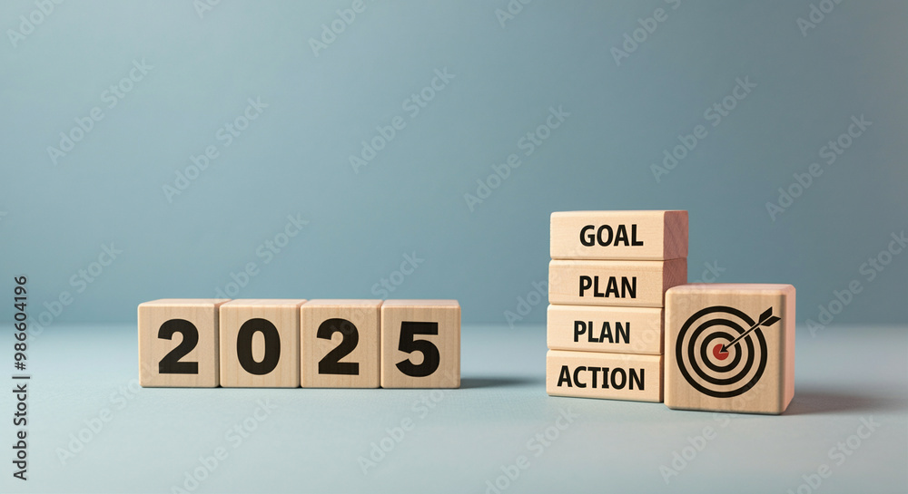 Wooden blocks representing goals and business planning for 2025 with ...